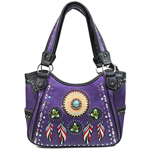 Justin West Tribal Dream Catcher Feather Embroidered CCW Concealed Carry Handbag (Purple Tote Only)