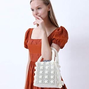 Miuco Womens Beaded Handbags Handmade Weave Crystal Pearl Tote Bags Cream