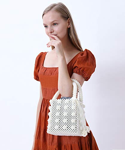 Miuco Womens Beaded Handbags Handmade Weave Crystal Pearl Tote Bags Cream