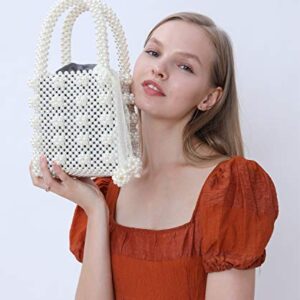 Miuco Womens Beaded Handbags Handmade Weave Crystal Pearl Tote Bags Cream