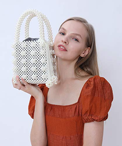 Miuco Womens Beaded Handbags Handmade Weave Crystal Pearl Tote Bags Cream