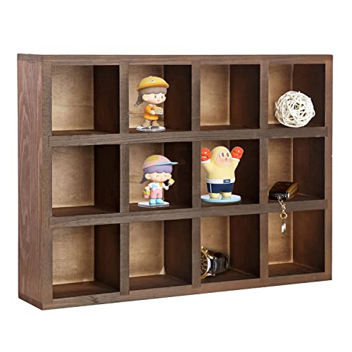 MyGift Brown Wood Hanging Shadow Box, Shot Glasses Display Case, Crystal Display Shelves, Collectibles Display Shelf, Freestanding or Wall Mounted Shelving Unit with 12 Compartments