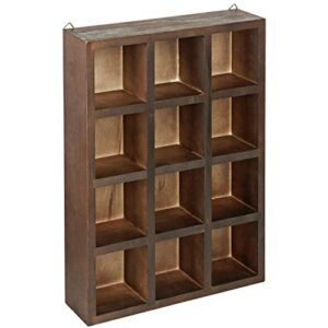 MyGift Brown Wood Hanging Shadow Box, Shot Glasses Display Case, Crystal Display Shelves, Collectibles Display Shelf, Freestanding or Wall Mounted Shelving Unit with 12 Compartments