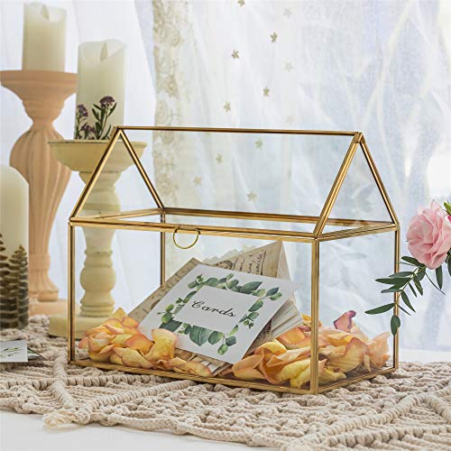 NCYP Large Glass Card Box, 10.2" Handmade House Shape Gold Clear Terrarium Planter for Wedding Reception, Home Geometric Party Centerpiece Gift, Upgraded Reinforced Glass Version (Glass Box Only)