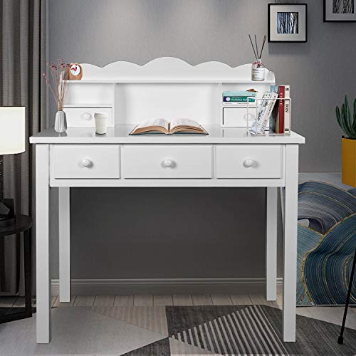 FUNKOCO Home Office Furniture Writing Desk,Computer Work Station with Detachable Hutch,5 Drawers(White)