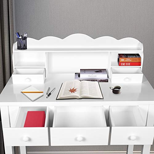 FUNKOCO Home Office Furniture Writing Desk,Computer Work Station with Detachable Hutch,5 Drawers(White)