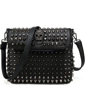 scarleton studded skull bag for women, vegan leather gothic punk rock rivet shoulder bag, classic black crossbody handbag – adjustable strap sling h141701