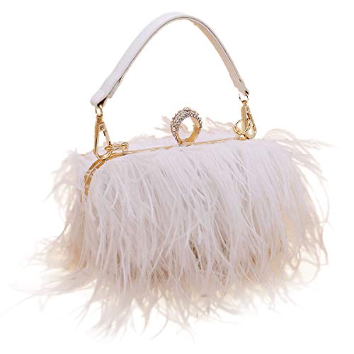 QEBURI Women Fluffy Ostrich Feather Evening Dress Clutch Bag Purse Shoulder Bag (White)