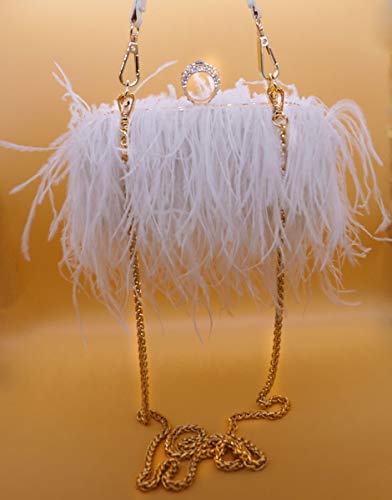 QEBURI Women Fluffy Ostrich Feather Evening Dress Clutch Bag Purse Shoulder Bag (White)