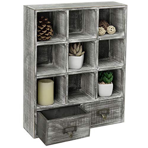 MyGift Wall-Mounted Wood Shadow Box Shelf - Graywashed Wooden Table Top Display Organizer with 2 Pull Out Drawers