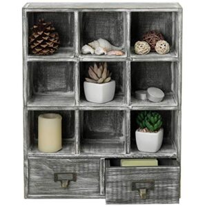 MyGift Wall-Mounted Wood Shadow Box Shelf - Graywashed Wooden Table Top Display Organizer with 2 Pull Out Drawers