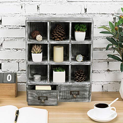 MyGift Wall-Mounted Wood Shadow Box Shelf - Graywashed Wooden Table Top Display Organizer with 2 Pull Out Drawers