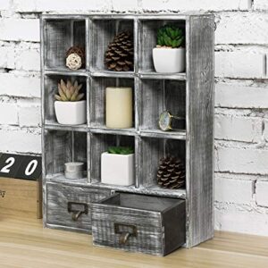 MyGift Wall-Mounted Wood Shadow Box Shelf - Graywashed Wooden Table Top Display Organizer with 2 Pull Out Drawers