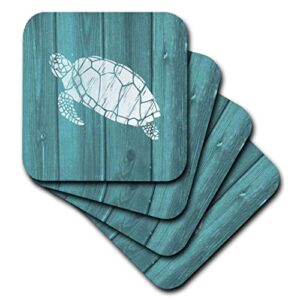 3drose turtle stencil in white over teal weatherboard- not real wood – soft coasters, set of 4 (cst_220428_1)