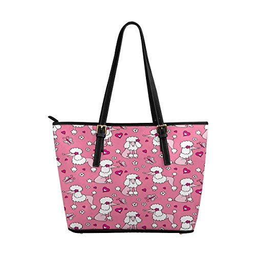 InterestPrint Women Totes Top Handle HandBags PU Leather Purse Pattern Dog Poodle Gray Pink