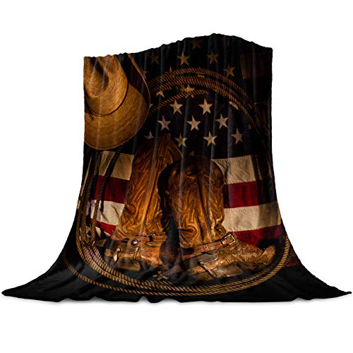 T&H XHome Flannel Fleece Microfiber Throw Blanket USA Western Blanket, Cowboy Hat with Boots Rope on American Flag Soft Warm Fuzzy Lightweight Bed Blankets for Couch Bedroom Living Room 50"x80"