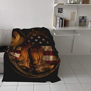 T&H XHome Flannel Fleece Microfiber Throw Blanket USA Western Blanket, Cowboy Hat with Boots Rope on American Flag Soft Warm Fuzzy Lightweight Bed Blankets for Couch Bedroom Living Room 50"x80"