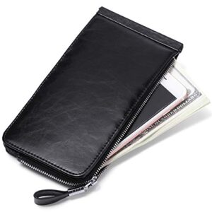 JEEBURYEE Women's Oil Wax Real Leather Multi Credit Card Holder Wallet RFID Blocking Long Bifold Clutch Wallet Ladies Purse with Zipper Pocket Black