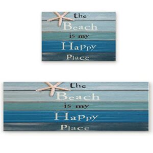 2 Pieces Kitchen Rugs and Mats Non Slip Rubber Backing Floor Carpet Accent Area Runner Thin Low Pile Indoor Doormat Set-The Beach Is My Happy Place-Rustic Wooden Plank Board Sign with Starfish