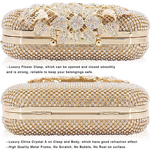 Dexmay Luxury Flower Women Clutch Purse Rhinestone Crystal Evening Bag for Wedding Party Gold