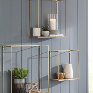 Signature Design by Ashley Efharis Shadow Box Set, 3 Piece Wall Shelf, Natural & Gold Finish