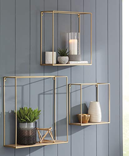 Signature Design by Ashley Efharis Shadow Box Set, 3 Piece Wall Shelf, Natural & Gold Finish