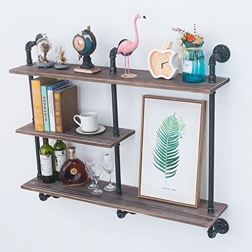 Industrial Pipe Shelving Wall Mounted,Wall Shelf Unit Bookshelf Hanging Wall Shelves,43in Rustic Metal Floating Shelves,Steampunk Real Wood Book Shelves,Farmhouse Kitchen Bar Shelving(3 Tier)