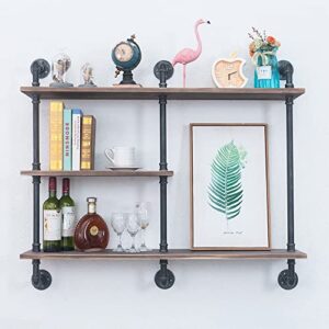 Industrial Pipe Shelving Wall Mounted,Wall Shelf Unit Bookshelf Hanging Wall Shelves,43in Rustic Metal Floating Shelves,Steampunk Real Wood Book Shelves,Farmhouse Kitchen Bar Shelving(3 Tier)