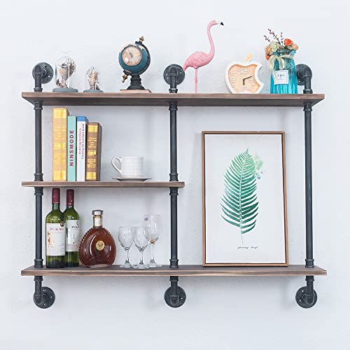 Industrial Pipe Shelving Wall Mounted,Wall Shelf Unit Bookshelf Hanging Wall Shelves,43in Rustic Metal Floating Shelves,Steampunk Real Wood Book Shelves,Farmhouse Kitchen Bar Shelving(3 Tier)