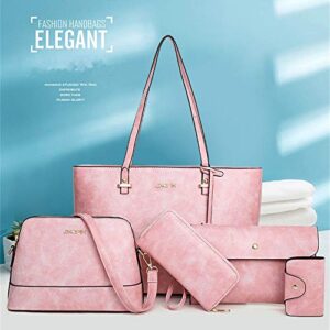 Handbag Set for Women 5 Pack Tote Purse Handbags Set PU Leather Satchel Shoulder Crossbody Wallet Card Holder Bag Set, Pink