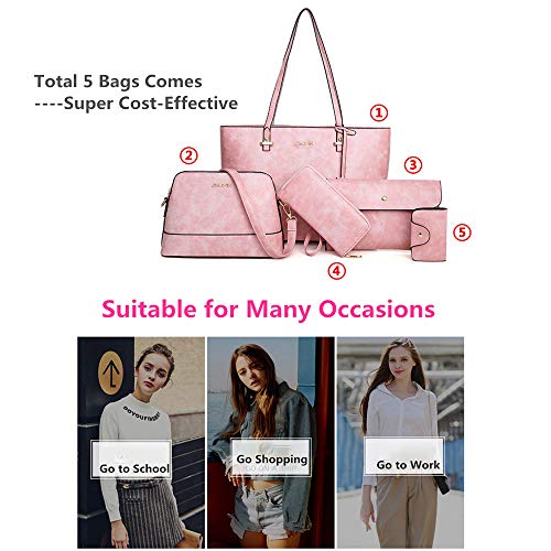 Handbag Set for Women 5 Pack Tote Purse Handbags Set PU Leather Satchel Shoulder Crossbody Wallet Card Holder Bag Set, Pink