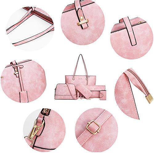 Handbag Set for Women 5 Pack Tote Purse Handbags Set PU Leather Satchel Shoulder Crossbody Wallet Card Holder Bag Set, Pink