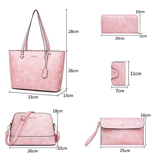 Handbag Set for Women 5 Pack Tote Purse Handbags Set PU Leather Satchel Shoulder Crossbody Wallet Card Holder Bag Set, Pink