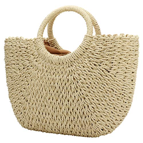 EROUGE Natural Chic Straw Bag Hand Woven Round Handle Handbags Retro Summer Beach Bag Beach Bag (Beige)…