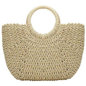 EROUGE Natural Chic Straw Bag Hand Woven Round Handle Handbags Retro Summer Beach Bag Beach Bag (Beige)…