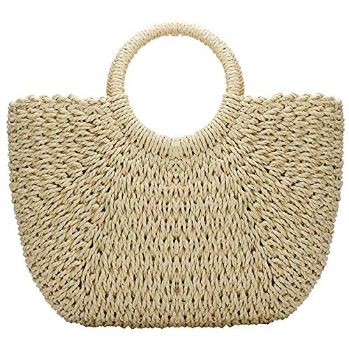 EROUGE Natural Chic Straw Bag Hand Woven Round Handle Handbags Retro Summer Beach Bag Beach Bag (Beige)…