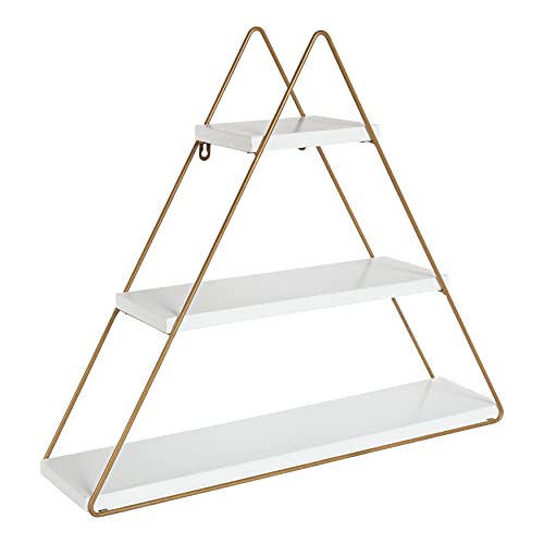 Kate and Laurel Tilde Small Three Tiered Triangle Floating Metal Wall Shelf, White and Gold