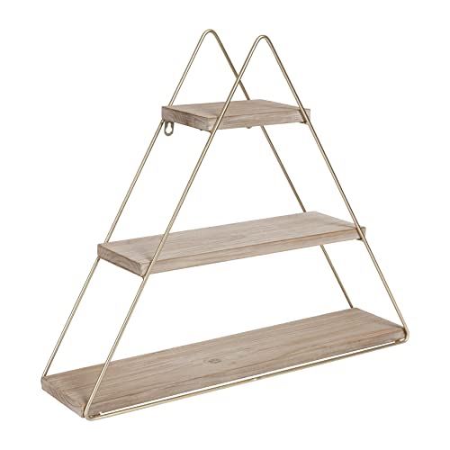 Kate and Laurel Tilde Small Three Tiered Triangle Floating Metal Wall Shelf, White and Gold