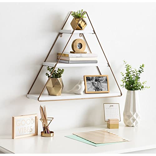 Kate and Laurel Tilde Small Three Tiered Triangle Floating Metal Wall Shelf, White and Gold