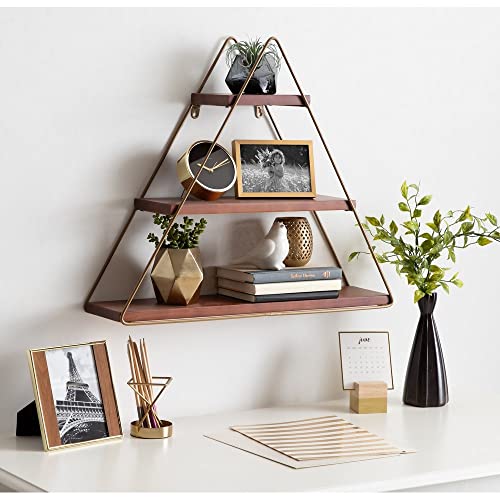 Kate and Laurel Tilde Small Three Tiered Triangle Floating Metal Wall Shelf, White and Gold