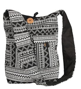 tribe azure large hobo crossbody sling shoulder bag compartment pockets functional zipper travel market books blanket (black white)