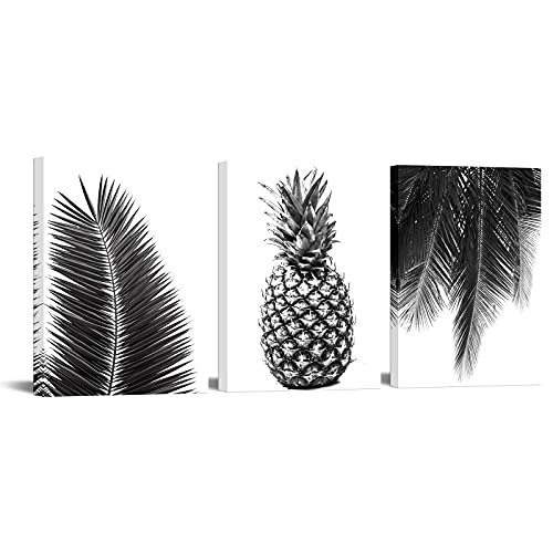 Nachic Wall - 3 Piece Black and White Canvas Wall Art Hawaii Pineapple Tropical Leaves Picture Painting on Canvas for Bedroom Bathroom Wall Decor Stretched Canvas Wrapped Ready to Hang