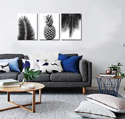 Nachic Wall - 3 Piece Black and White Canvas Wall Art Hawaii Pineapple Tropical Leaves Picture Painting on Canvas for Bedroom Bathroom Wall Decor Stretched Canvas Wrapped Ready to Hang