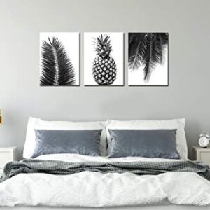 Nachic Wall - 3 Piece Black and White Canvas Wall Art Hawaii Pineapple Tropical Leaves Picture Painting on Canvas for Bedroom Bathroom Wall Decor Stretched Canvas Wrapped Ready to Hang