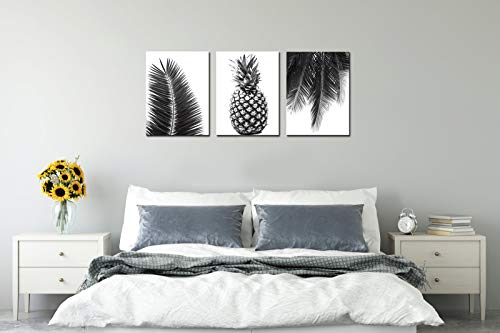 Nachic Wall - 3 Piece Black and White Canvas Wall Art Hawaii Pineapple Tropical Leaves Picture Painting on Canvas for Bedroom Bathroom Wall Decor Stretched Canvas Wrapped Ready to Hang