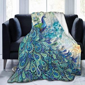 peacock and vintage botanical flannel fleece blanket ultra soft cozy warm throw lightweight blanket microfleece blanket for home (peacock and vintage botanical, 50″ x40″)