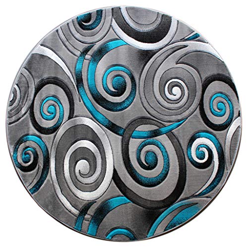 Masada Rugs, Turquoise Grey Modern Contemporary Woven Round Area Rug, Hand Carved (5 Feet 6 Inch X 5 Feet 6 Inch) Round, Turquoise