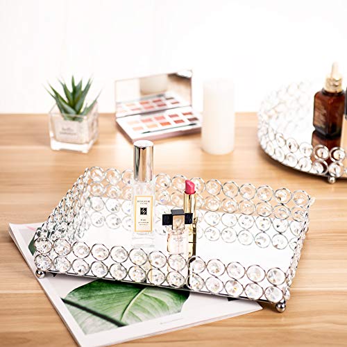 Feyarl Crystal Vanity Makeup Perfume Tray Ornate Jewelry Trinket Organizer Cosmetic Decorative Tray Skin Care Storage for Home Dressing Table Wedding Decoration(Rectangle 12" x 8") (Silver)