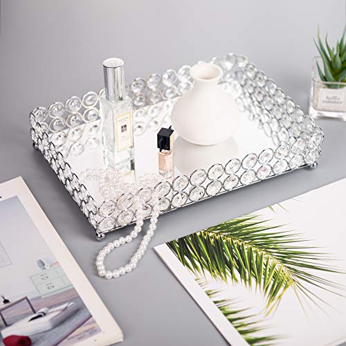 Feyarl Crystal Vanity Makeup Perfume Tray Ornate Jewelry Trinket Organizer Cosmetic Decorative Tray Skin Care Storage for Home Dressing Table Wedding Decoration(Rectangle 12" x 8") (Silver)