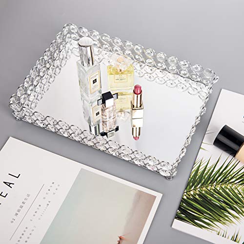 Feyarl Crystal Vanity Makeup Perfume Tray Ornate Jewelry Trinket Organizer Cosmetic Decorative Tray Skin Care Storage for Home Dressing Table Wedding Decoration(Rectangle 12" x 8") (Silver)